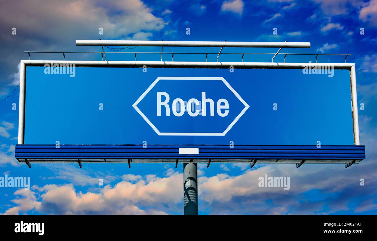 POZNAN, POL - OCT 28, 2022: Advertisement billboard displaying logo of ...