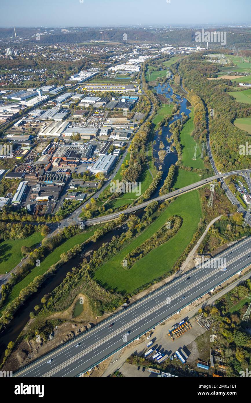 Aerial view, river Lenne renaturation, Lenne floodplain, autumn colors ...