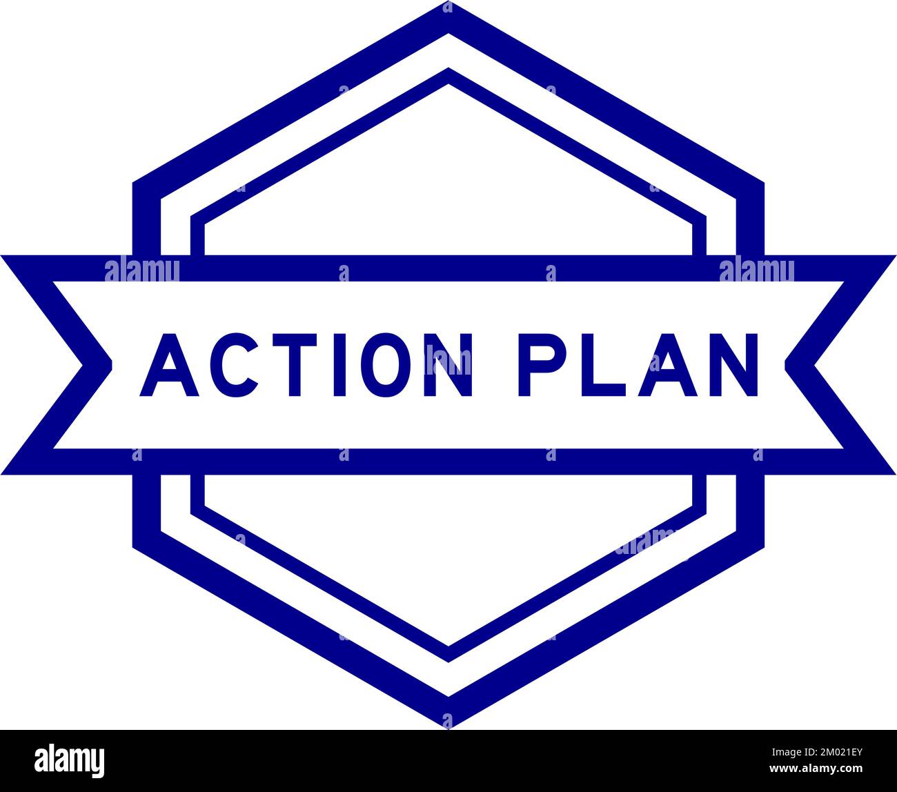 Vintage blue color hexagon label banner with word action plan on white ...