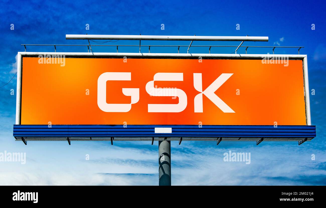 POZNAN, POL - OCT 28, 2022: Advertisement billboard displaying logo of ...