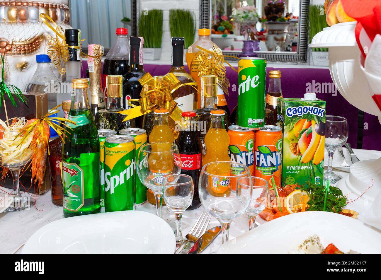 A Variety Of Alcoholic Beverages On The Banquet Table Many Alcoholic And Non Alcoholic Drinks
