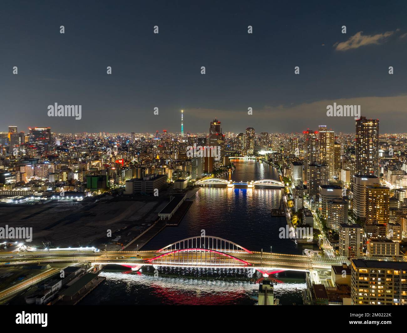 Bridges cross river through modern city with distant tower at night ...