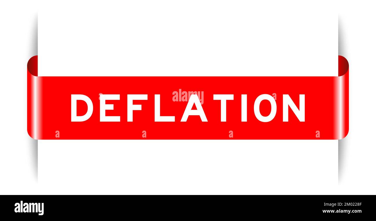 Red color inserted label banner with word deflation on white background ...