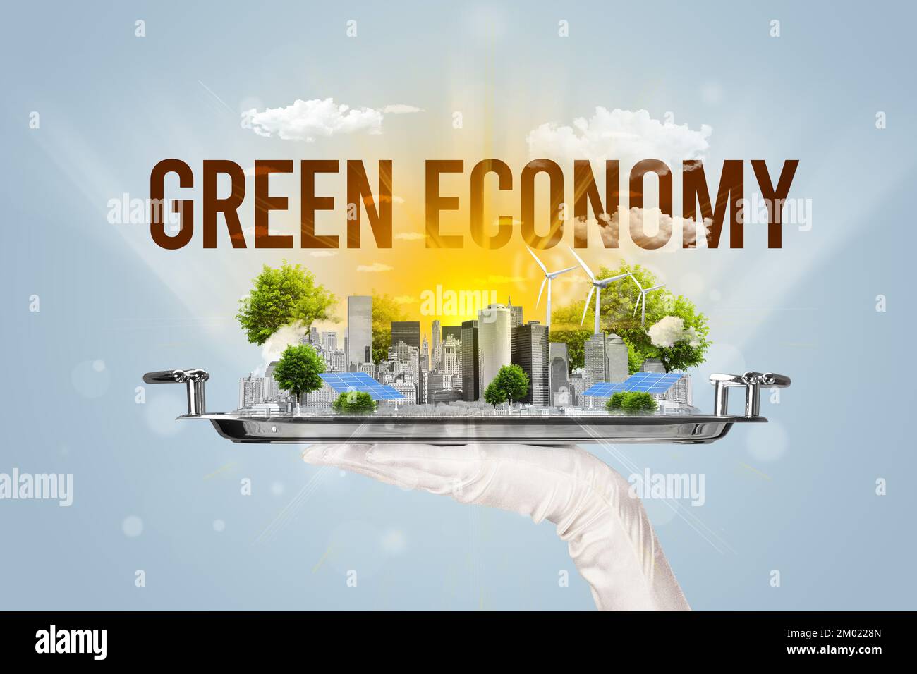 Waiter serving eco cityscape concept Stock Photo - Alamy