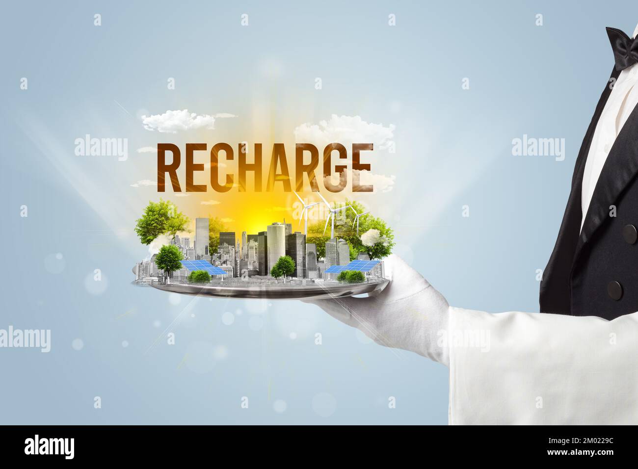 Waiter serving eco cityscape concept Stock Photo - Alamy