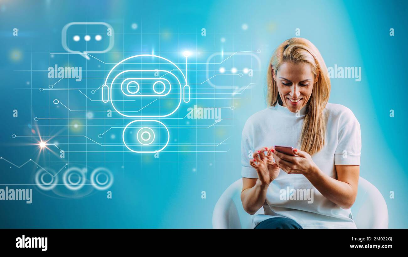 Woman using a chatbot on her smartphone Stock Photo - Alamy
