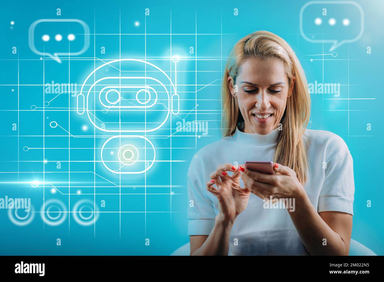 Woman using a chatbot on her smartphone Stock Photo - Alamy