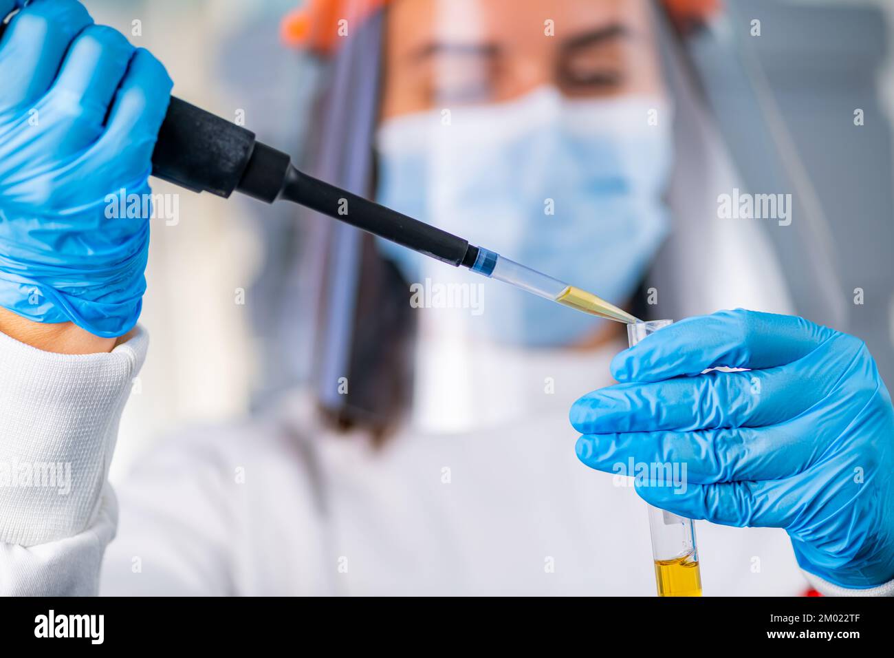 Researcher pipetting a sample Stock Photo - Alamy