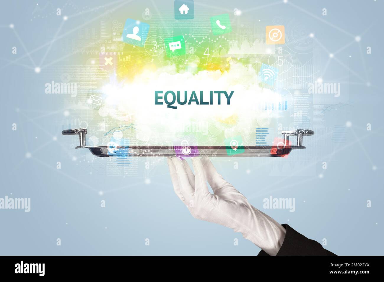 Waiter serving social networking concept Stock Photo - Alamy