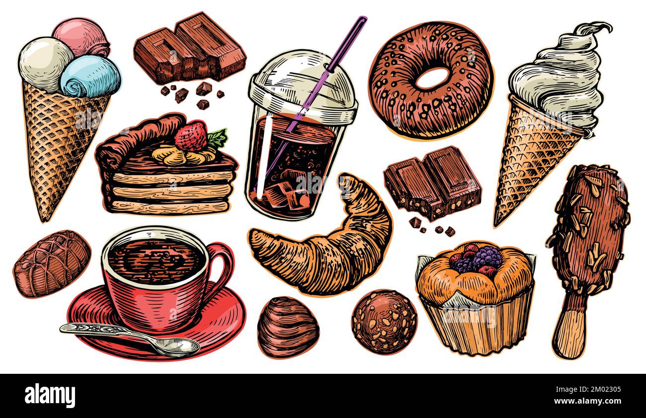 Sweet Dessert set. Food and Drink collection for restaurant or cafe ...