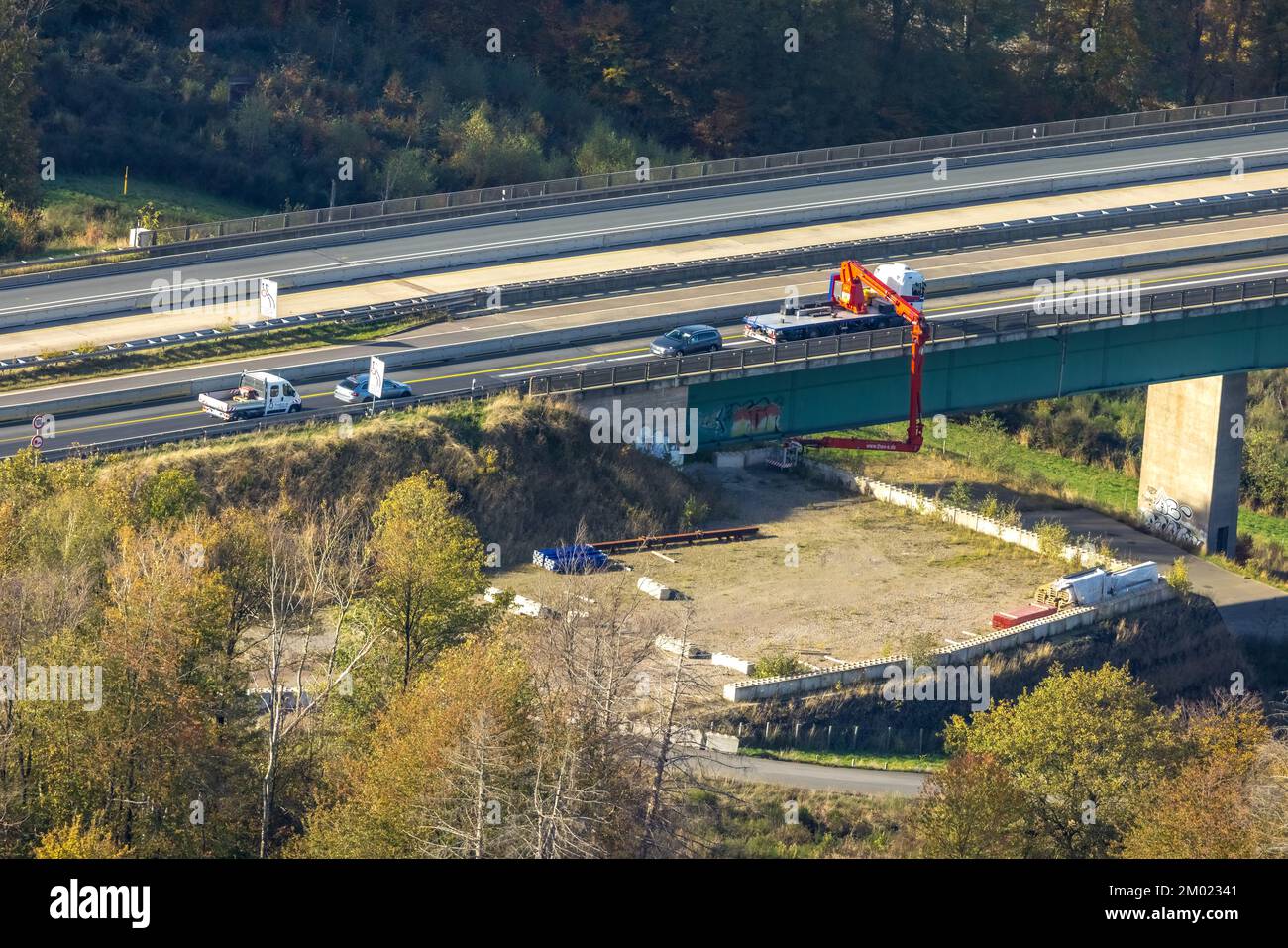 Aerial view, construction site bridge inspection valley bridge ...