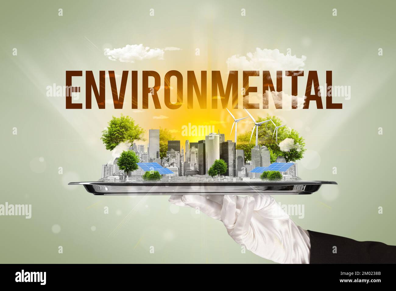 Waiter serving eco cityscape concept Stock Photo - Alamy