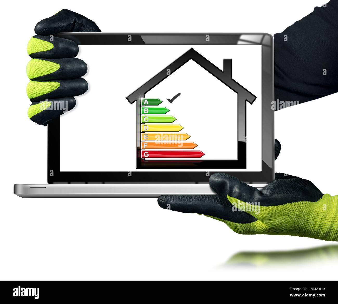 House energy efficiency rating. Manual Worker with work gloves showing ...