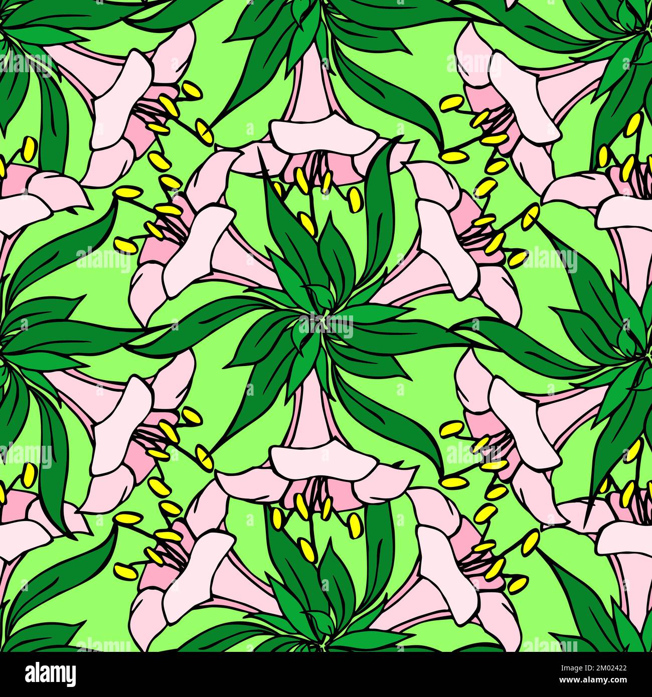 seamless pattern of pink large exotic flowers with a black outline on a ...