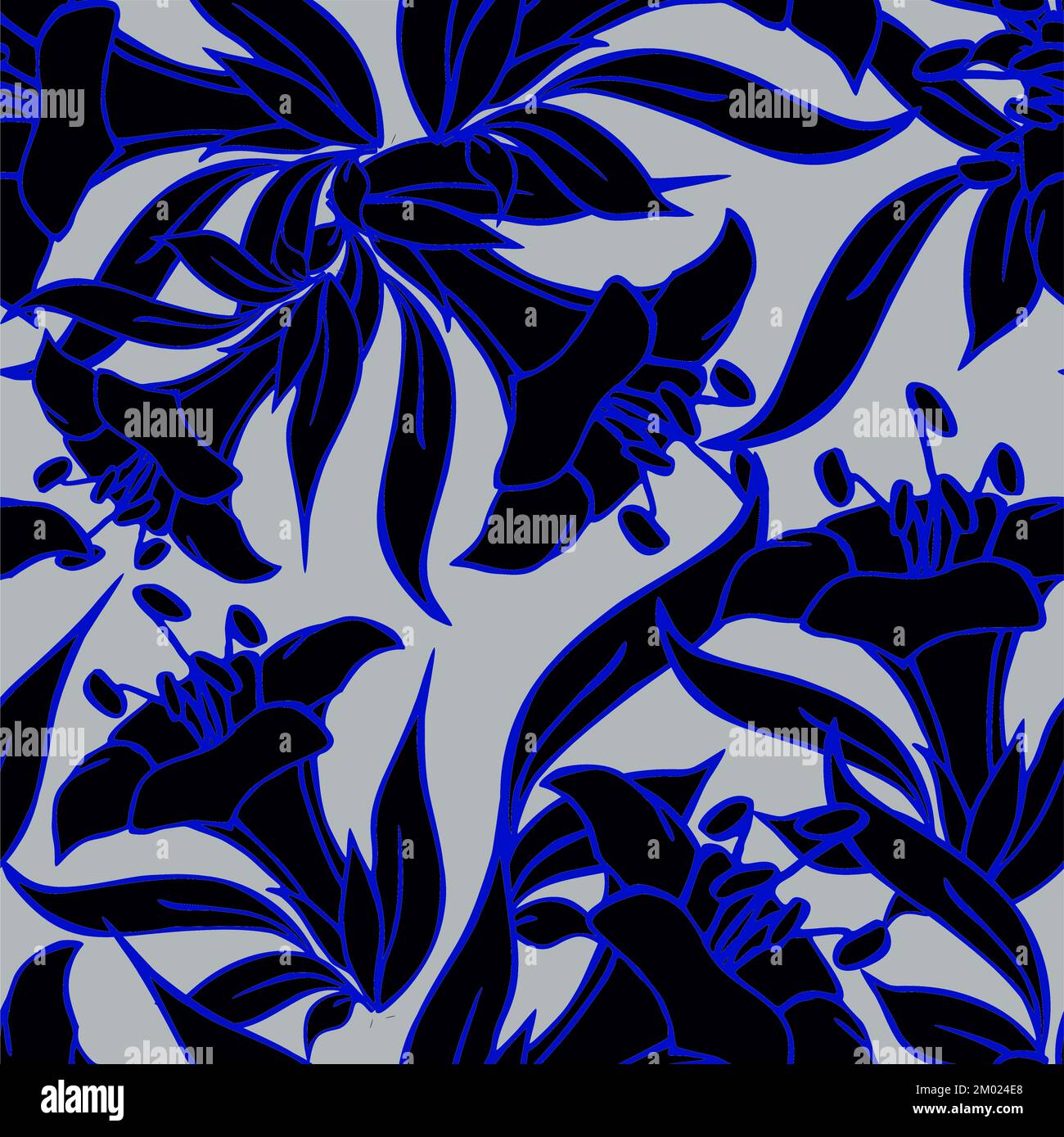 seamless pattern of large black flowers with a blue outline on a light ...