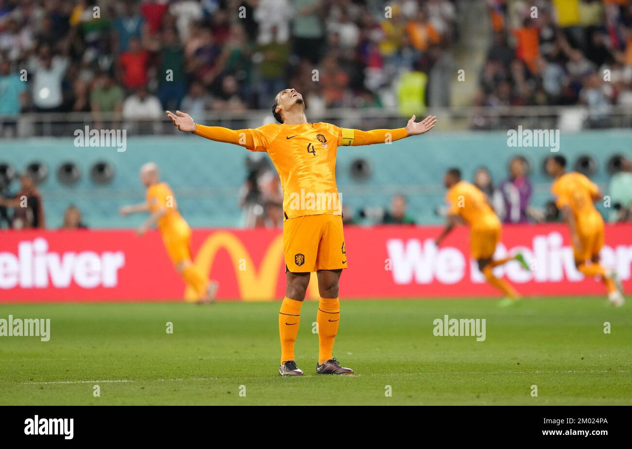 Netherlands' Virgil van Dijk celebrates after team-mate Memphis Depay ...