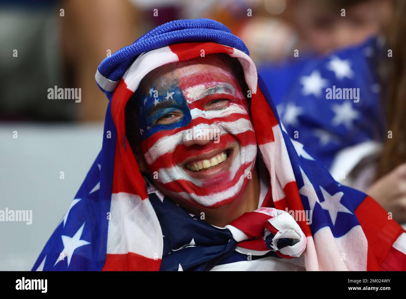 Doha, Qatar. 03rd Dec, 2022. A USA fan looks on during the 2022 FIFA ...