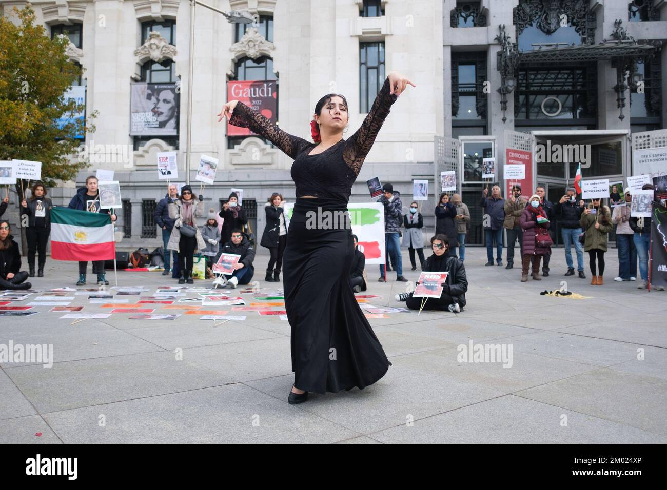 Artist Erika Suarez performs during a protest to demand freedom in Iran ...
