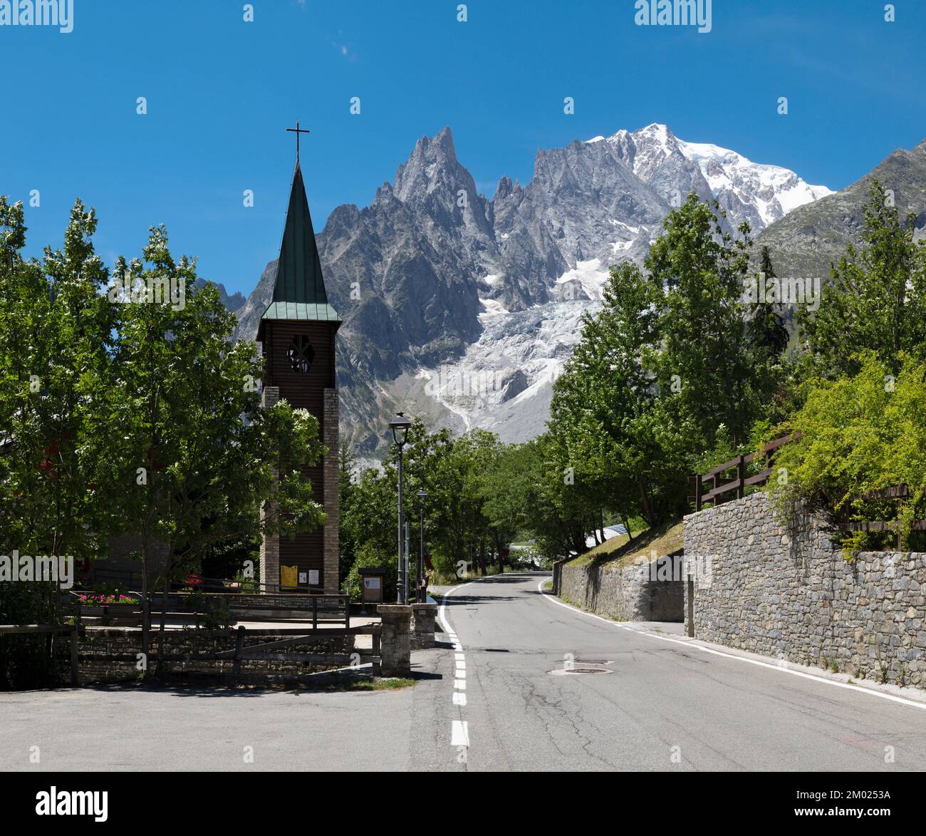 The Mont Blanc massif and Brenva glacier from St. Margerita church in ...