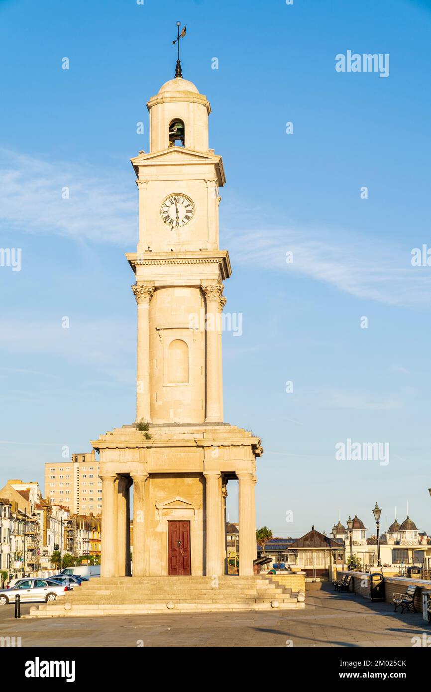 The clock tower on Herne Bay seafront at 6 am in the morning golden ...