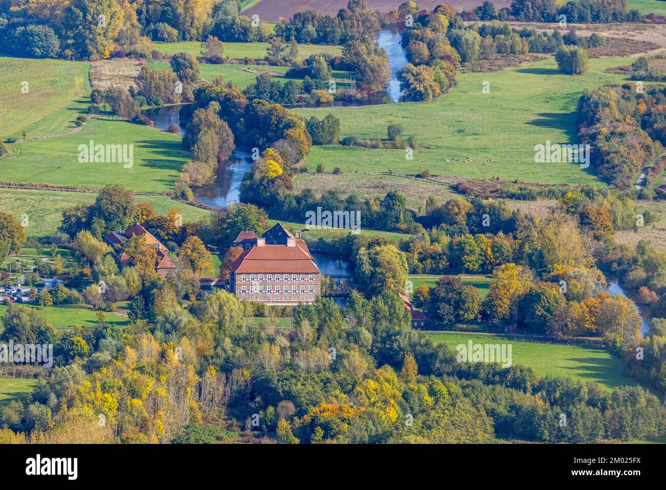Aerial view, Oberwerries Castle, Lippe floodplain, Oberwerrieser Mersch ...