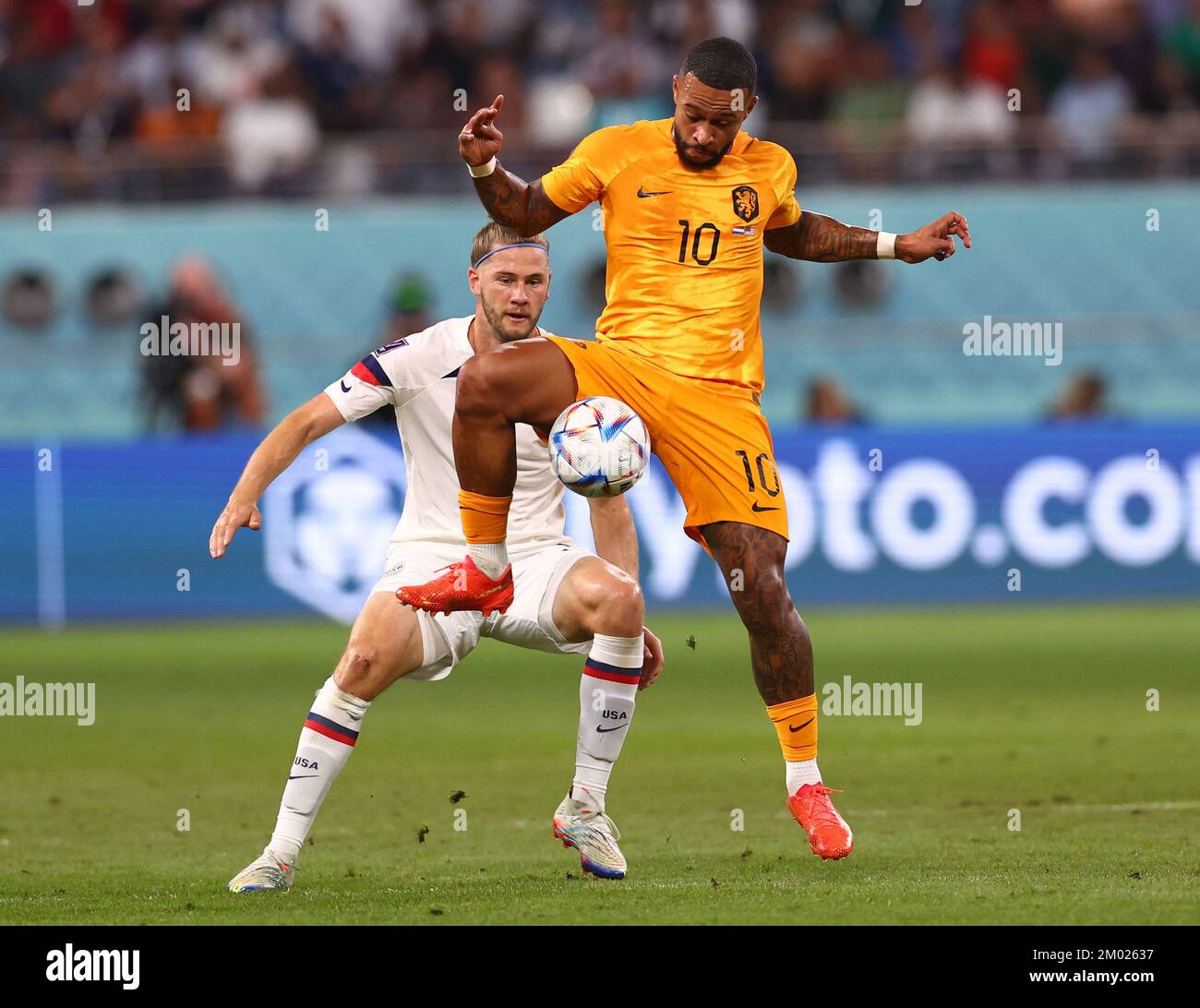 Doha, Qatar, 3rd December 2022. Memphis Depay of Netherlands holds the ...
