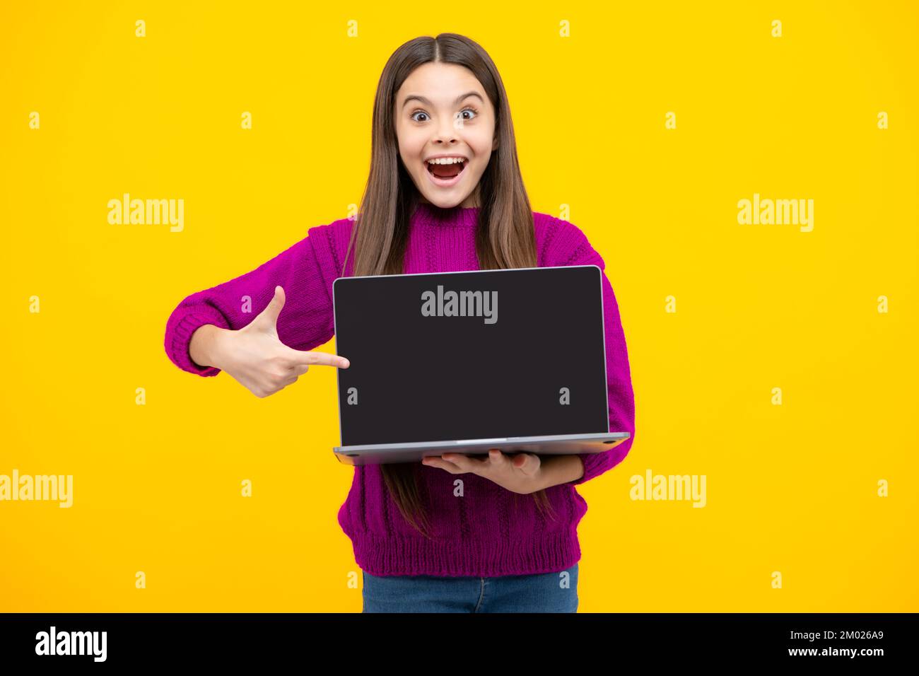 Teenager school girl hold notebook laptop. School children on isolated ...