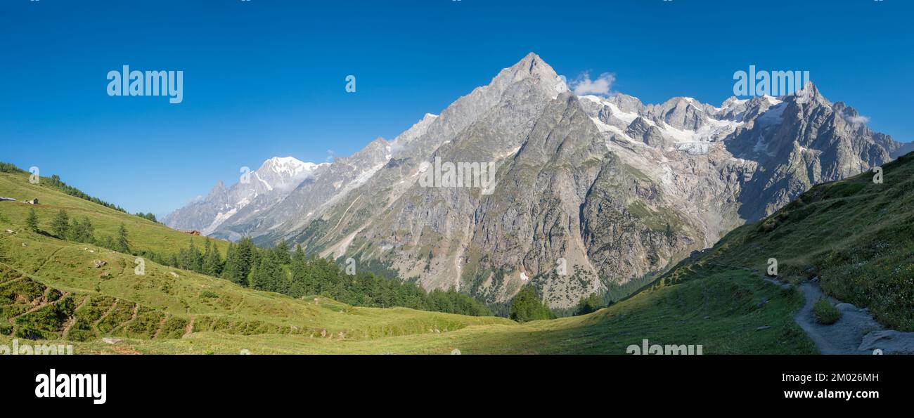 The panorama of Grand Jorasses massif from Val Ferret valley in Italy ...
