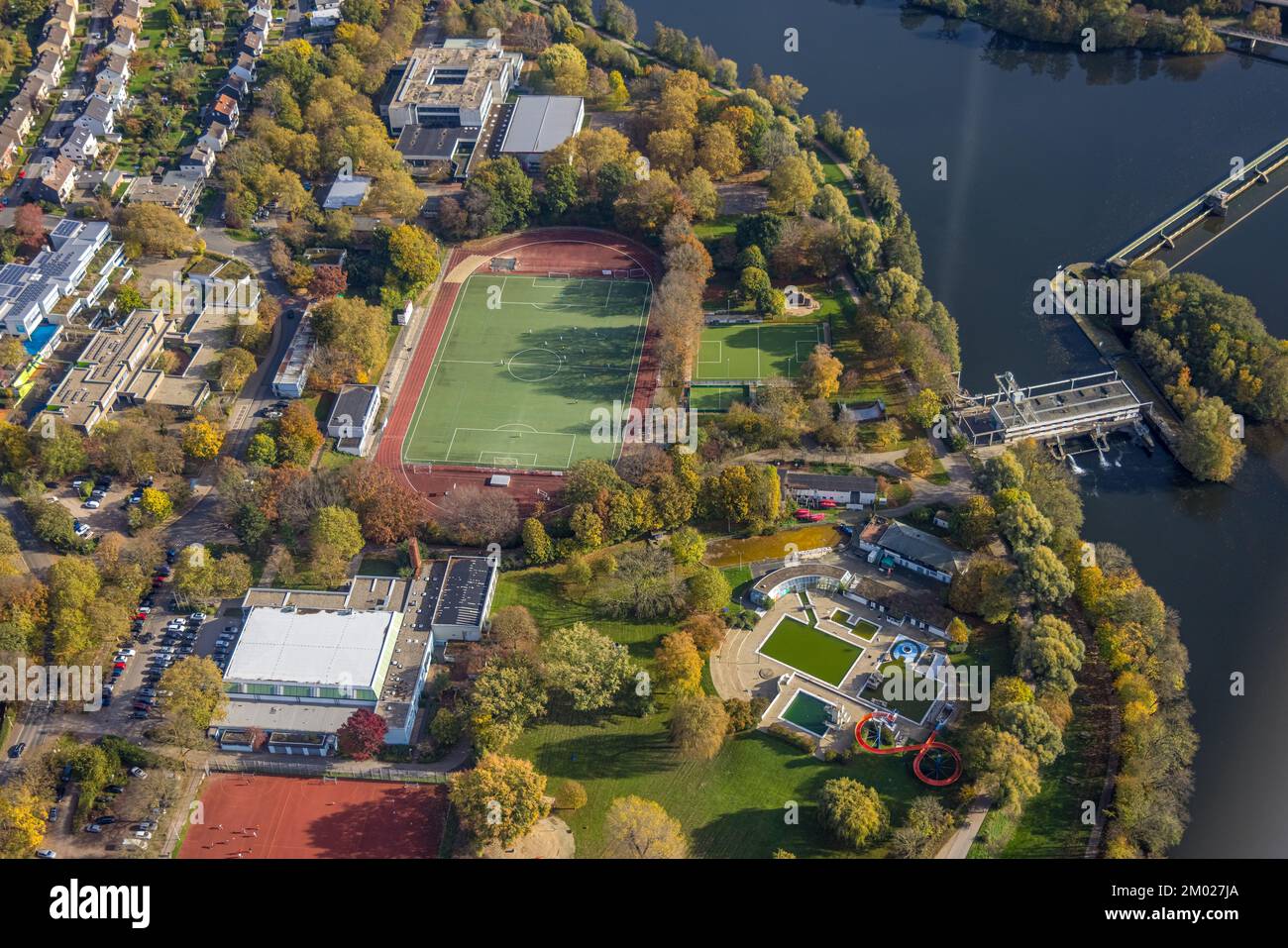 Aerial view, sports and leisure center Bleichstein, outdoor pool ...