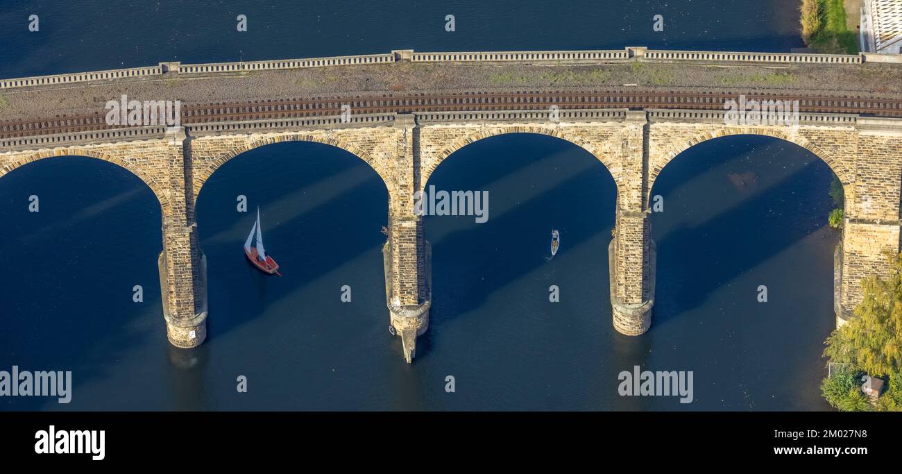 Aerial view, Ruhr Viaduct Herdecke, sailboat, SUP stand-up paddling ...