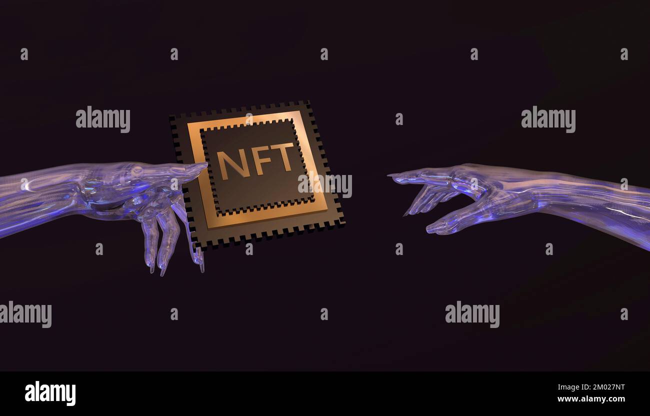 Transfer of NFT from hand to hand. NFT, metaverse, cryptography ...
