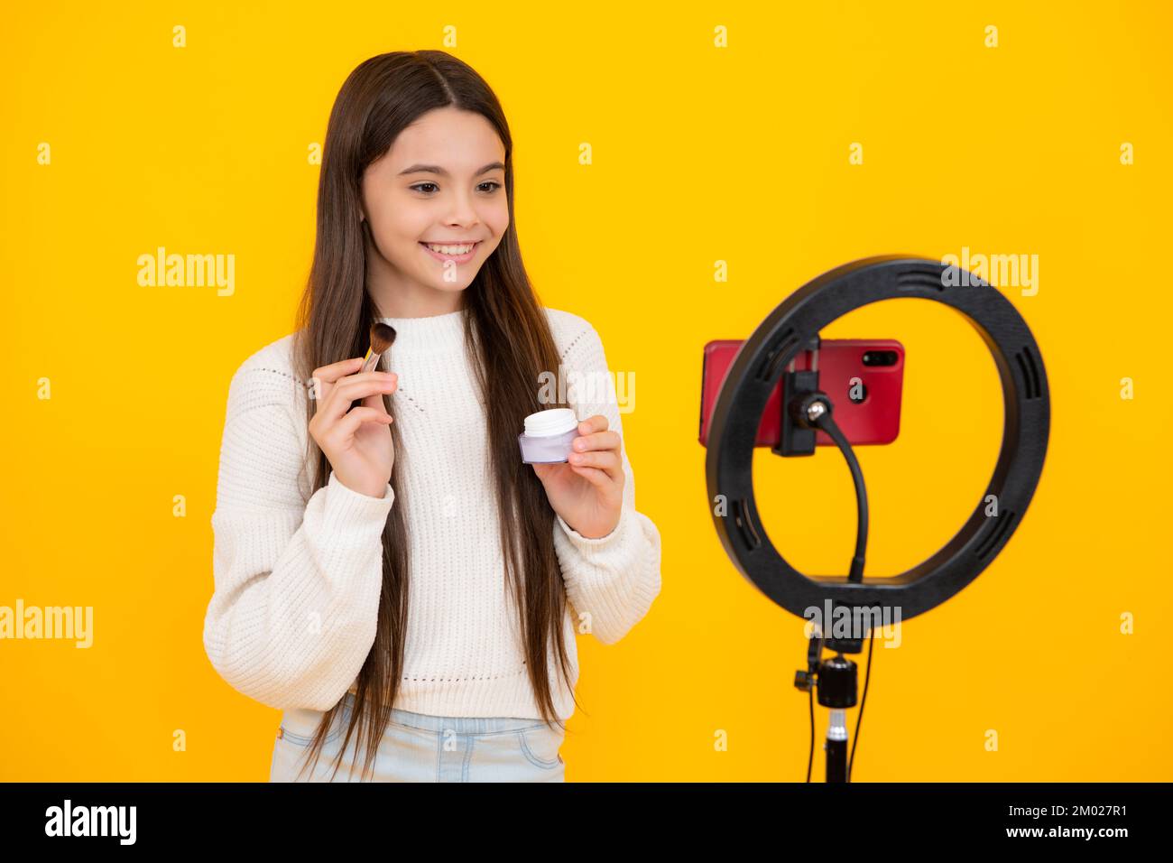 Teenage girl blogger making video, child vlogger influencer record ...