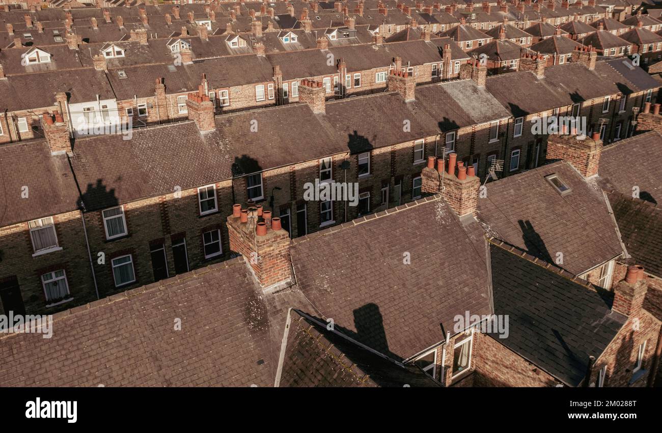 Aerial view of old and dilapidated terraced houses on back to back ...