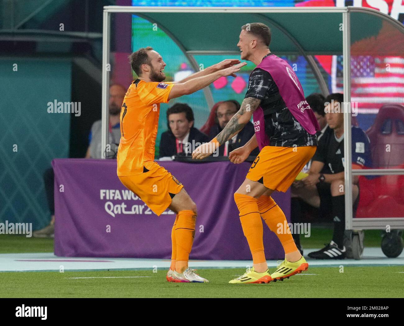Netherlands' Daley Blind (left) celebrates with team-mate Justin Bijlow ...