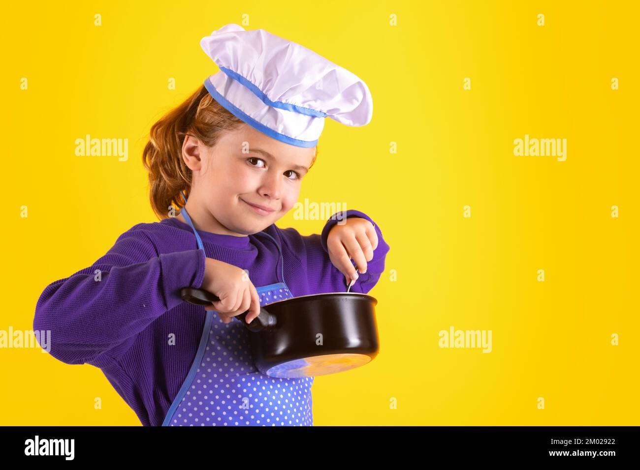 Kid chef cook with cooking pot stockpot. Excited chef cook. Child ...