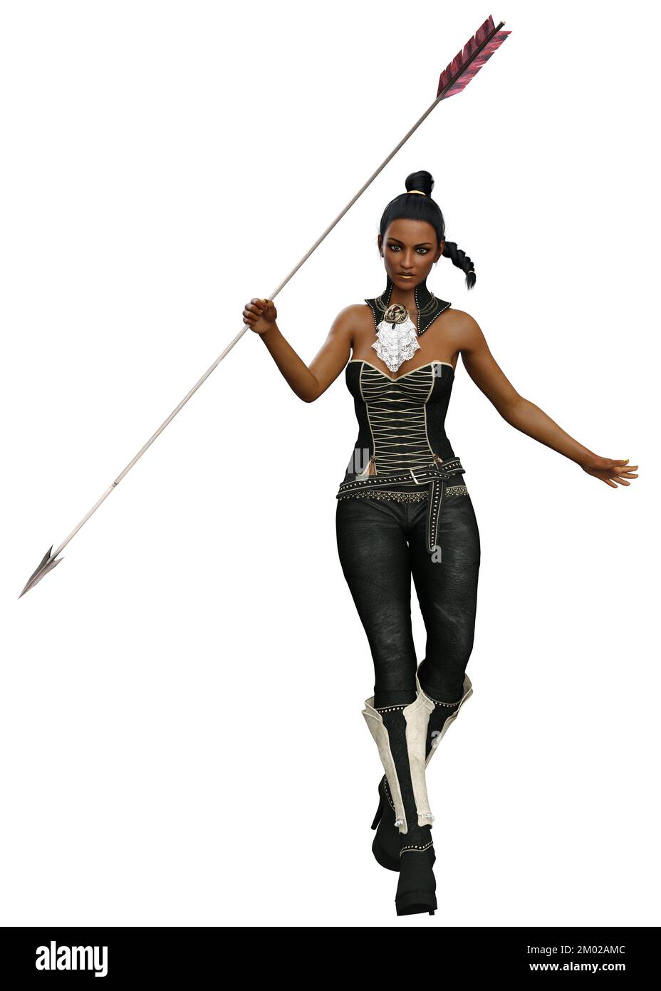 Warrior woman with braided hair wear black gold outfit with armor ...