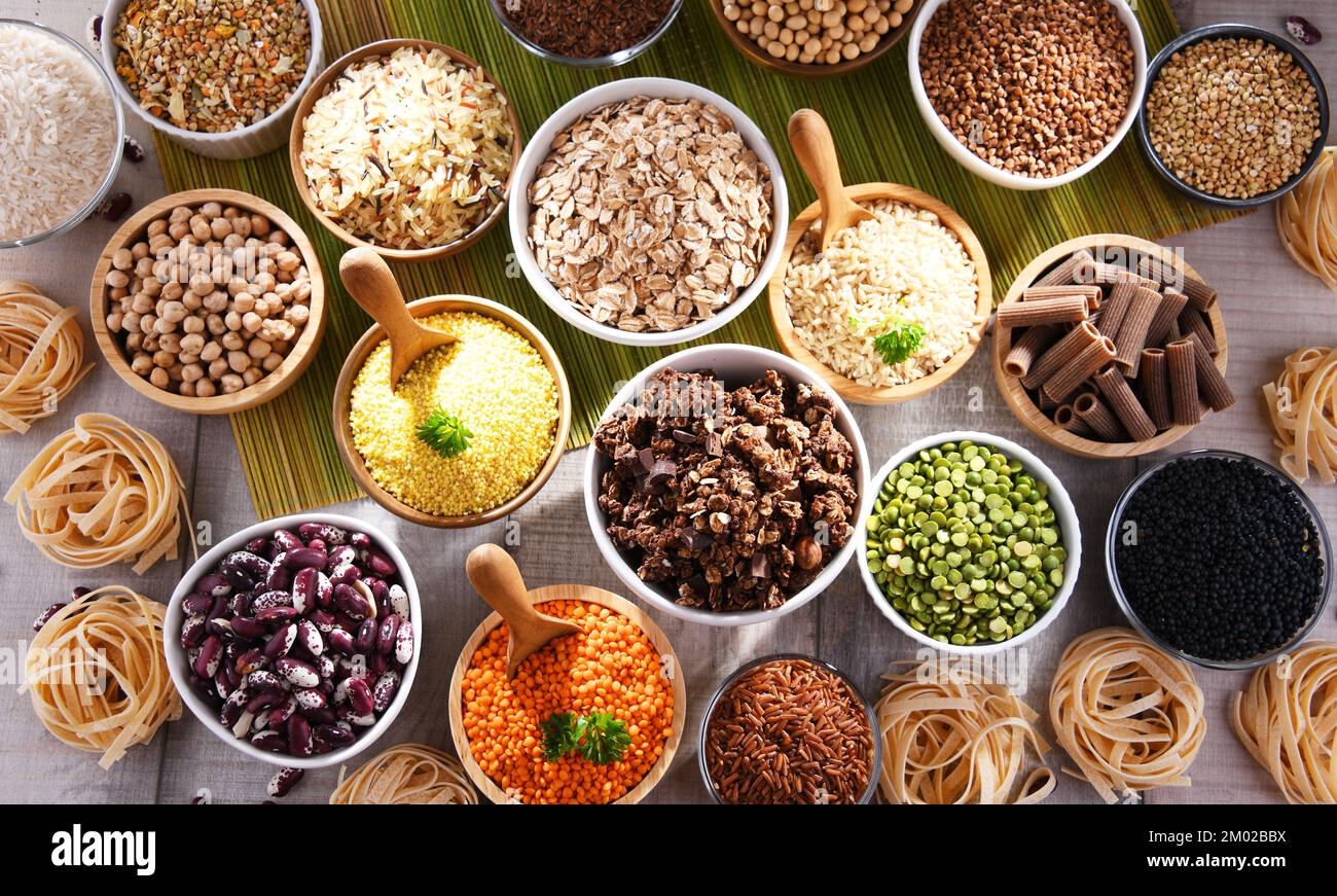 Composition with different kinds of dry food products Stock Photo - Alamy