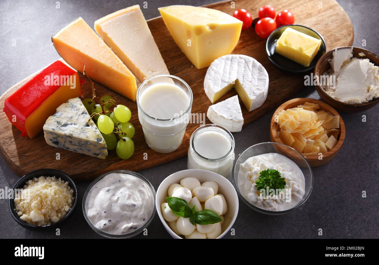 A variety of dairy products including cheese, milk and yogurt Stock ...