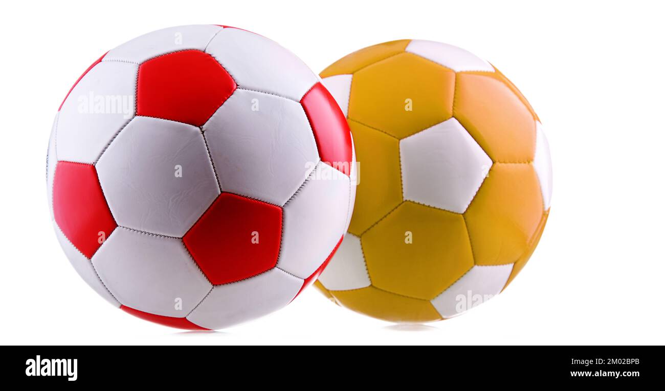 Two leather soccer balls isolated on white background Stock Photo - Alamy