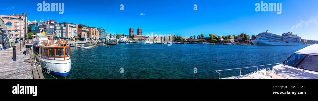 Scenic harbor and waterfront of Oslo in Aker Brygge panoramic view ...