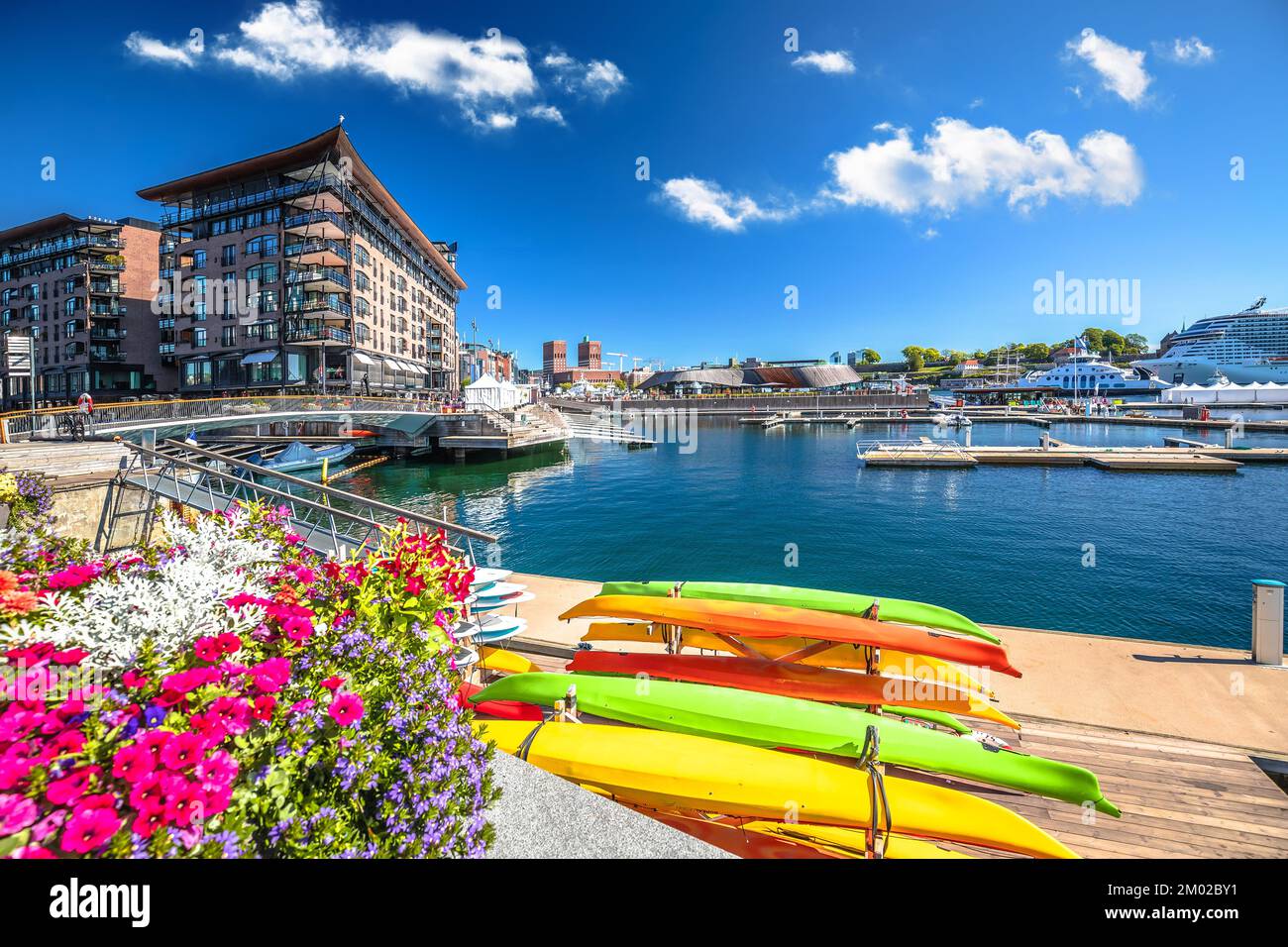 Scenic harbor of Oslo in Aker Brygge view from the hill, capital city ...