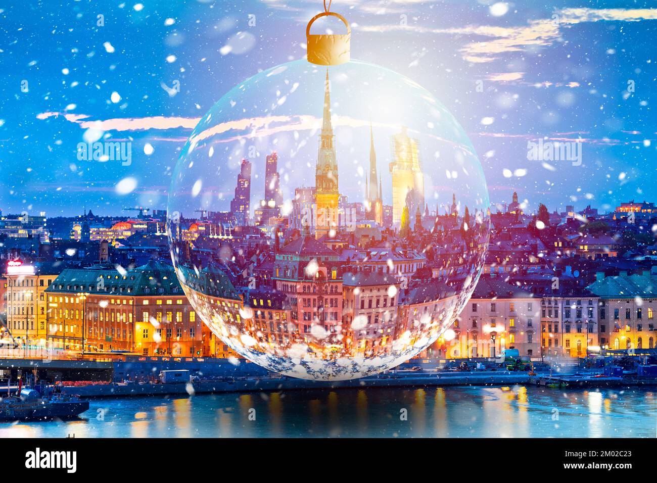 Stockholm skyline evening snow view through glass christmas ball bright ...