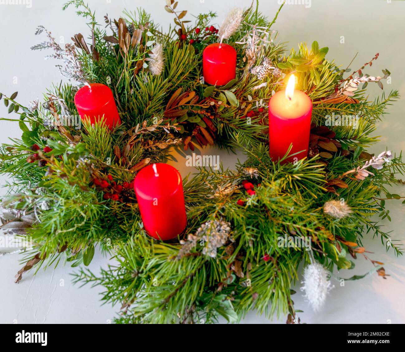 beautiful advent wreath made of natural forest and bog plants, waiting ...