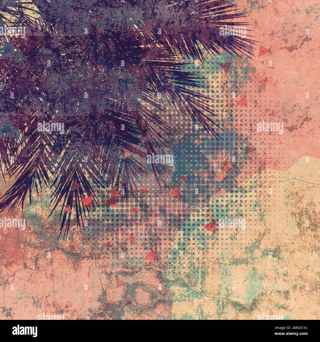 Detailed palm tree tops silhouettes and colorful geometric shapes ...