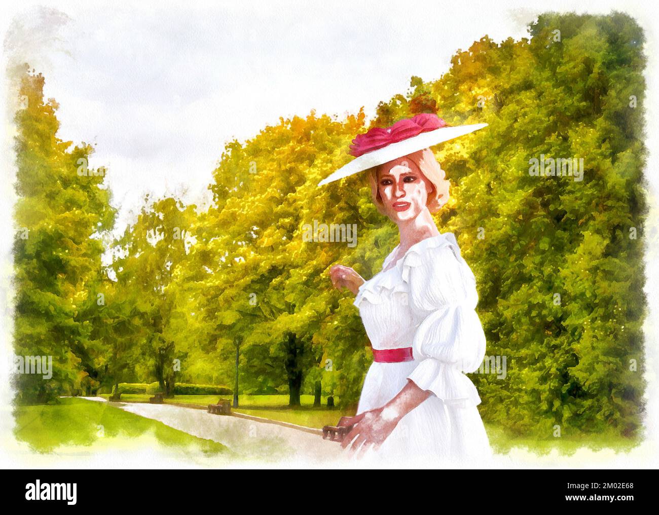 Old fashioned woman wear vintage white dress in the autumn park, photo ...