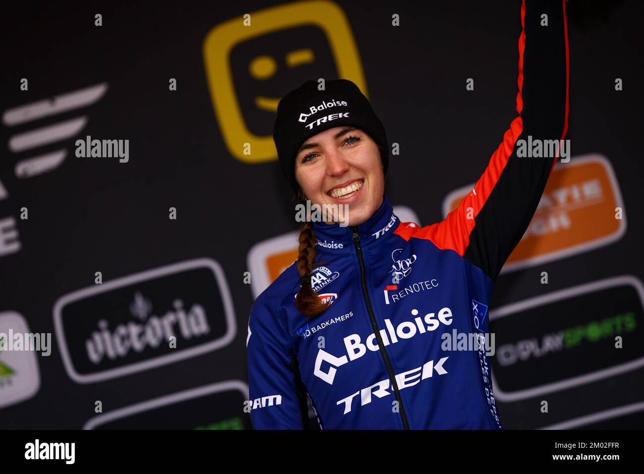 Dutch Shirin van Anrooij pictured on the podium after the women's race ...