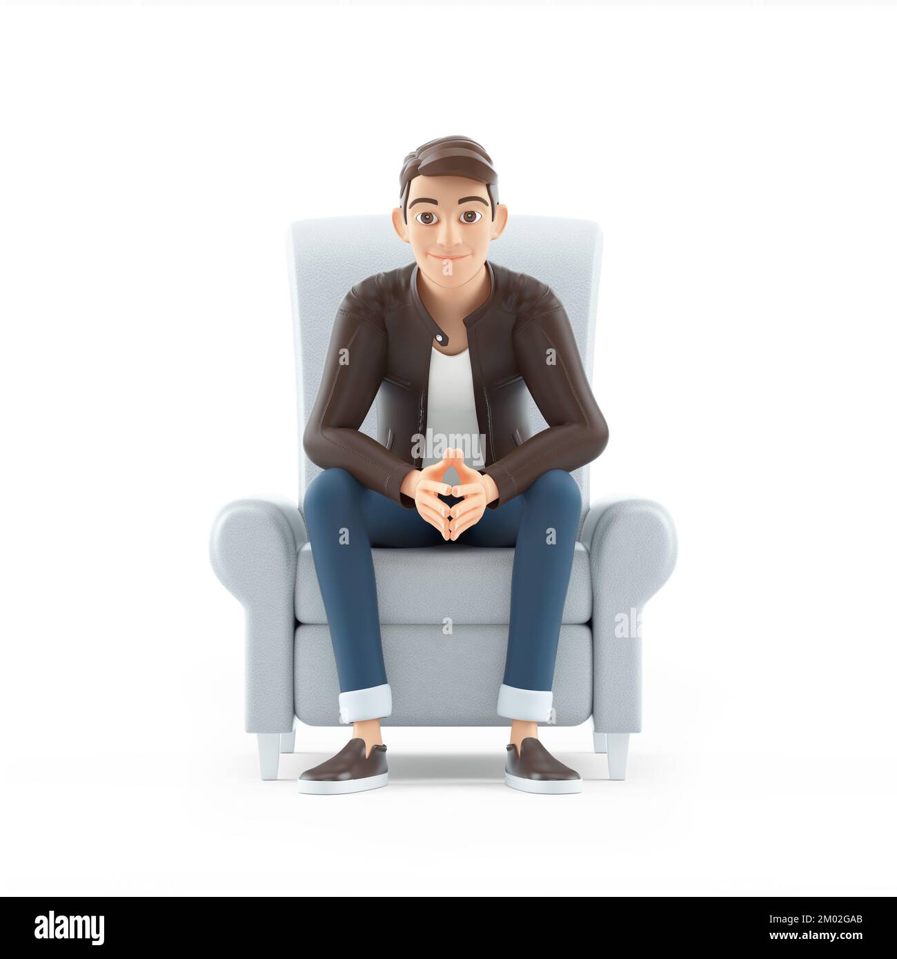 3d confident cartoon man sitting in armchair, illustration isolated on ...