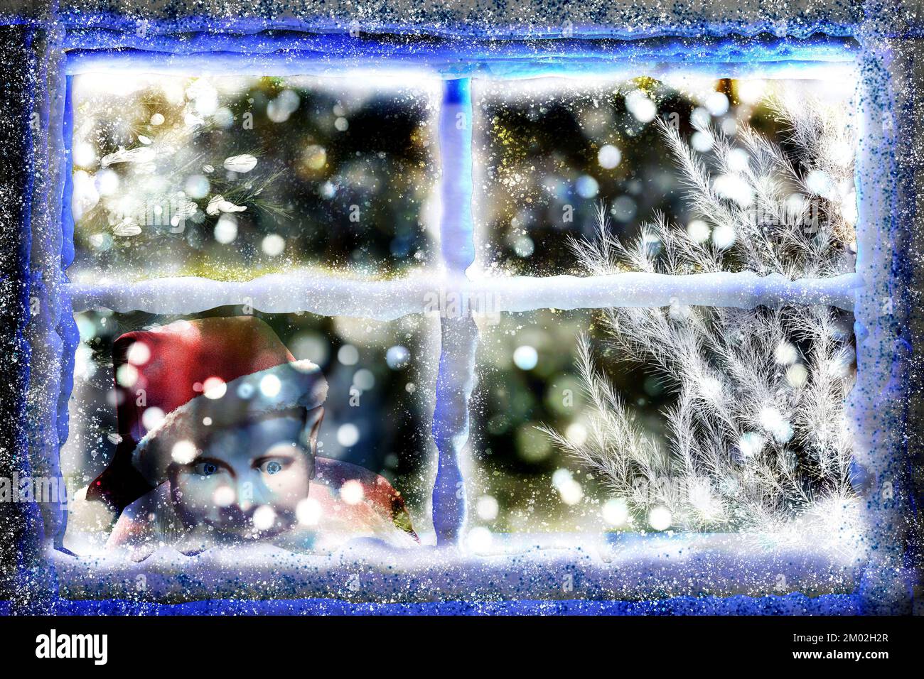 Christmas winter window with Santa Claus and falling snow outside Stock ...