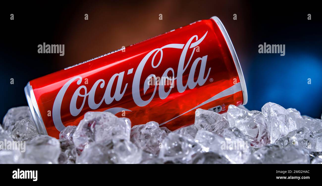POZNAN, POL - NOV 24, 2022: Can of Coca-Cola, a carbonated soft drink ...