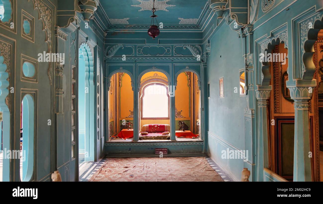 Beautiful light blue colored rooms inside Udaipur's city palace. Rajasthan, India. Colorful ...